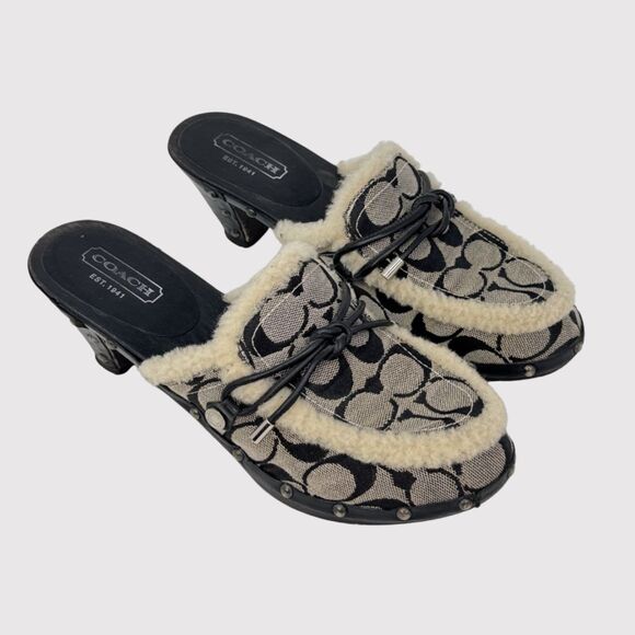 Coach | Shoes | Coach Ruthie Womens Mules Gray Black Fur Trim Monogram ...